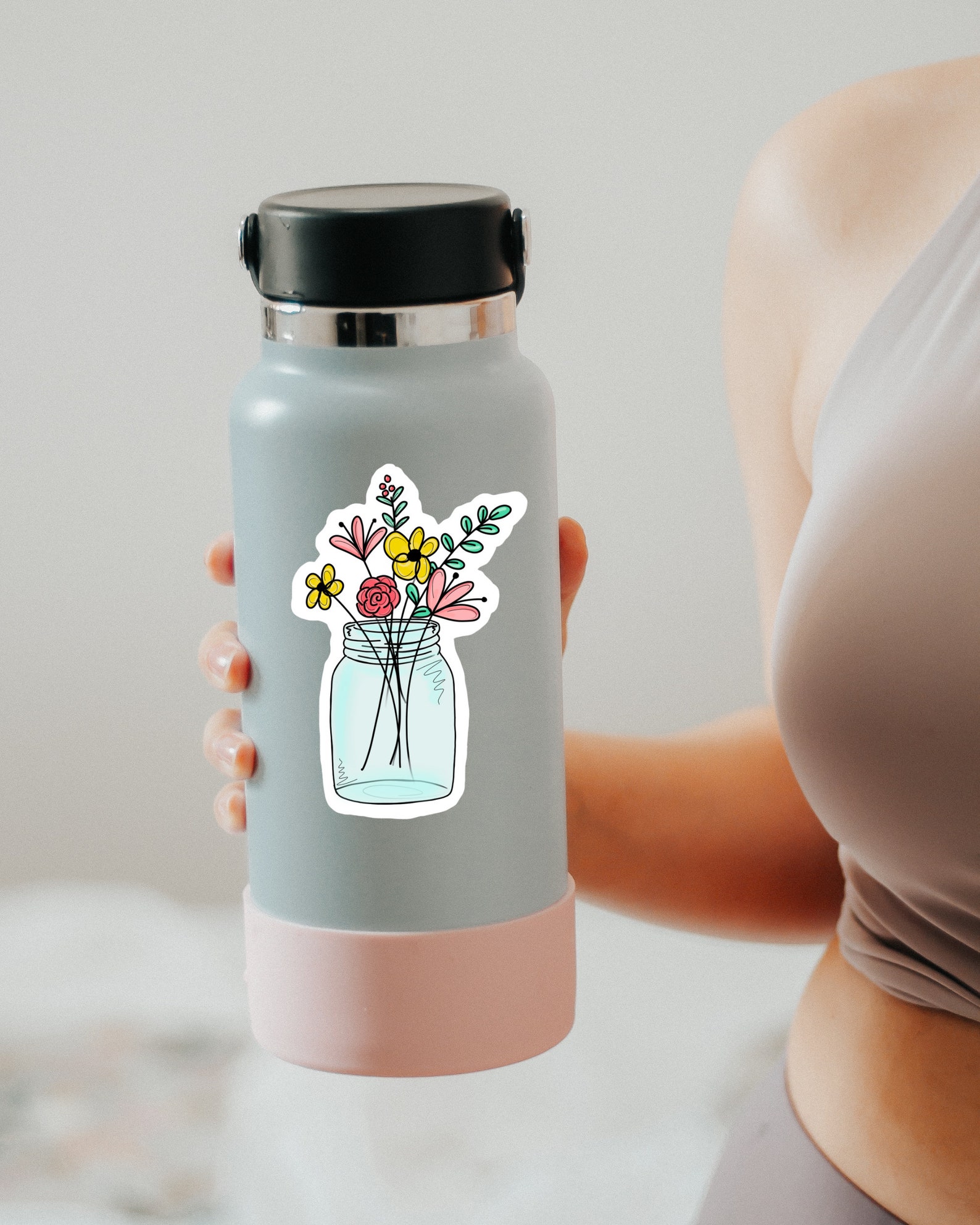 Flower Mason Jar Sticker, Watercolor Flower Label, Clear Laptop Sticker ...