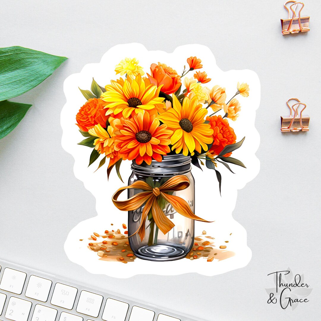 Autumn Flower Mason Jar Sticker, Watercolor Flower Label, Laptop ...