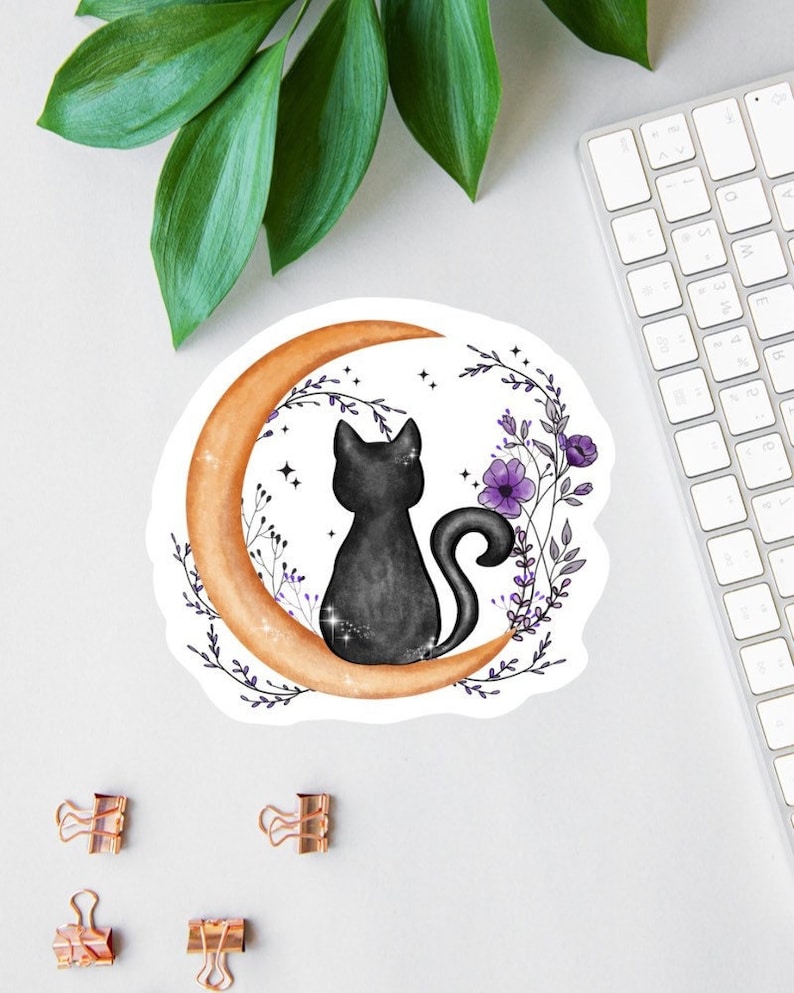 Floral Cat Sticker Cat and Moon Magnet Black Cat Decal - Etsy