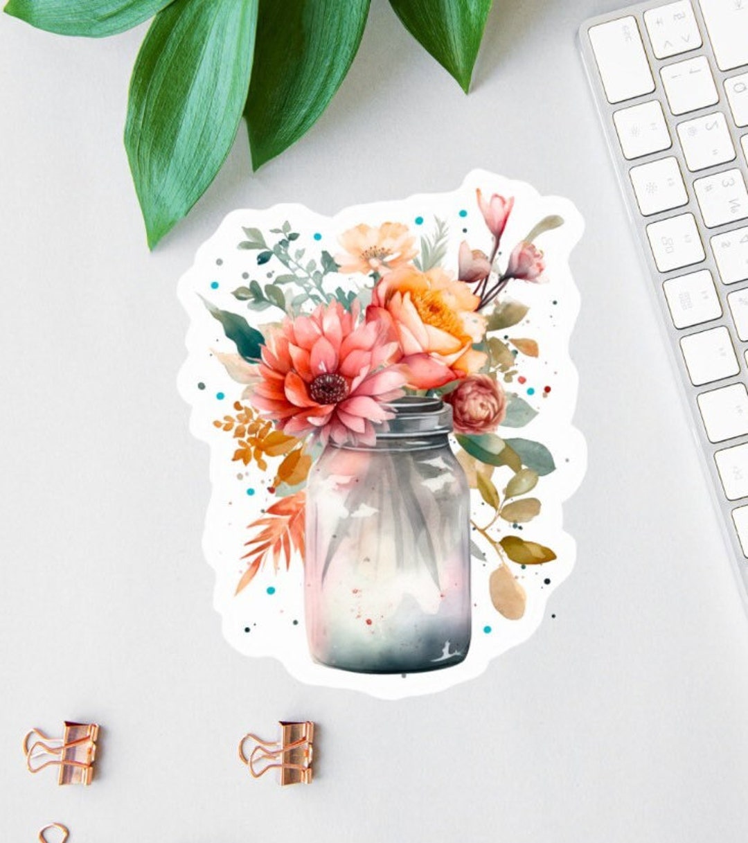 Flower Mason Jar Sticker, Watercolor Flower Label, Clear Laptop Sticker ...