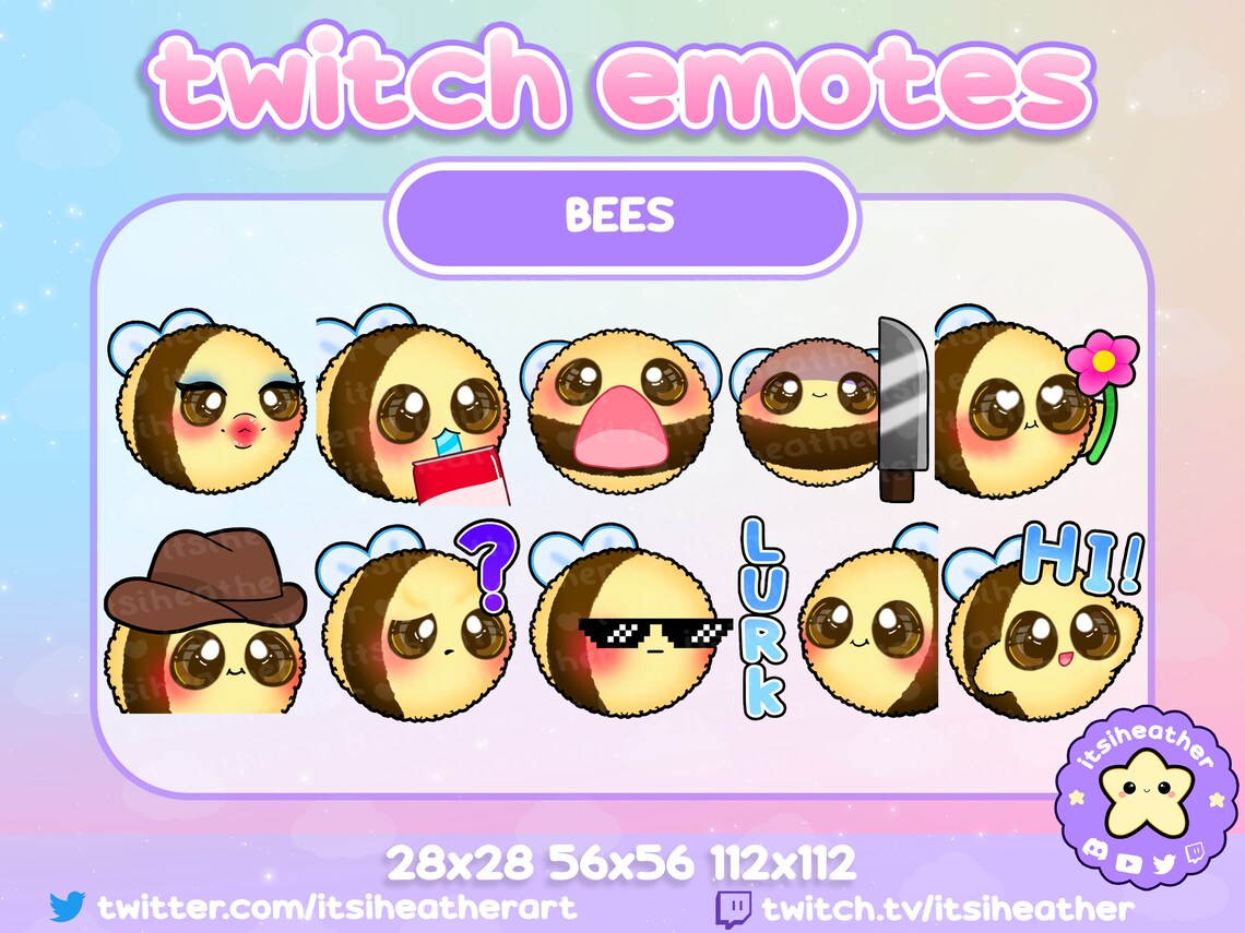 Cute Bee Emotes - 10 Pack - Lurk, Hi, Knife, Cowboy, Huh, EZ, Flower, Shocked, Sip, Yassified ...
