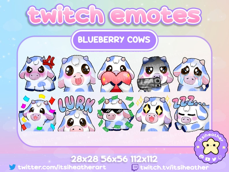 Cute Blueberry Cow Emotes - 10 Pack - Twitch, Youtube, Discord Emojis ...