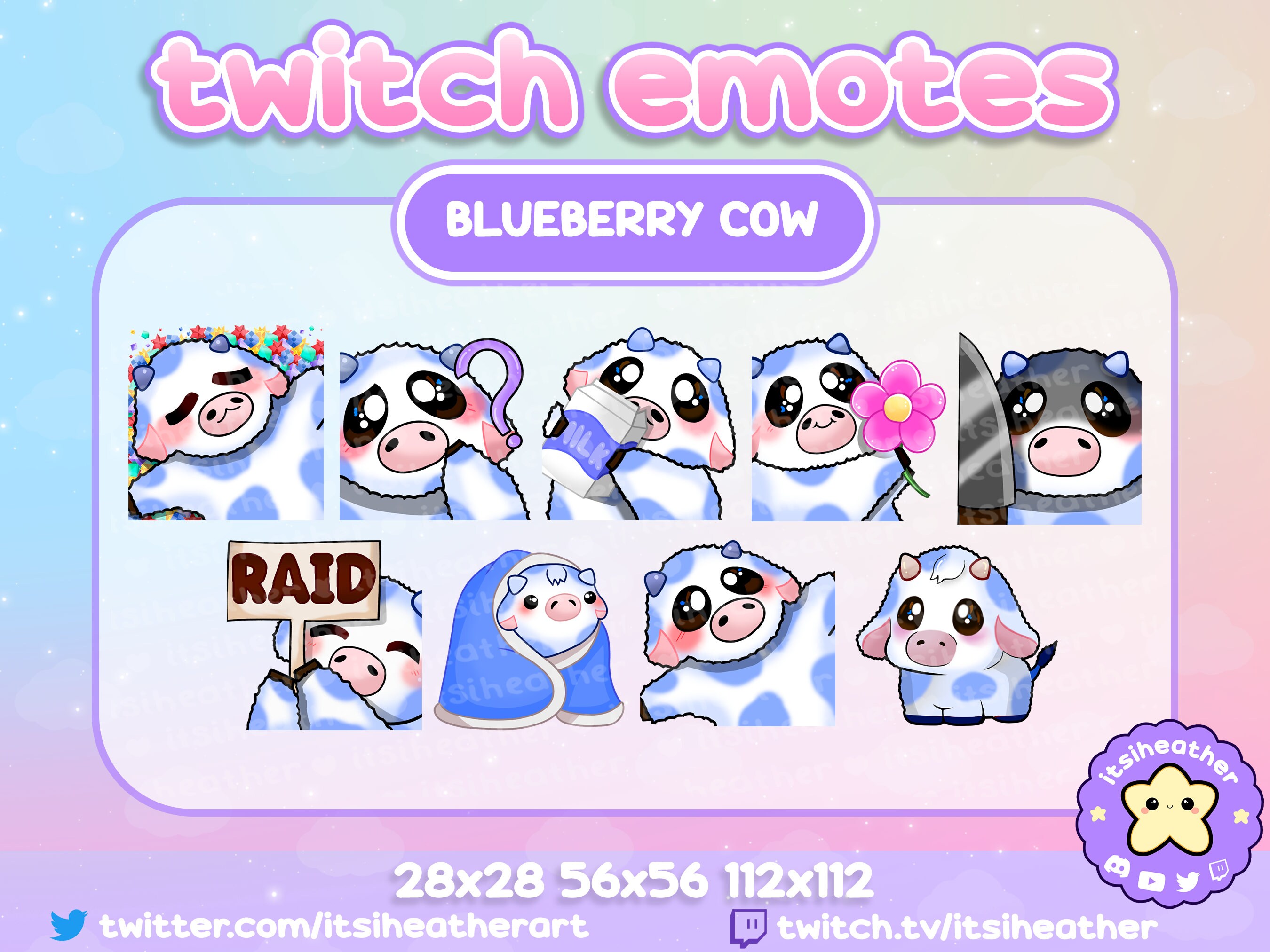 Cute Blueberry Cow Emotes - Bits, Confused, Sip, Flower, Knife, Raid ...