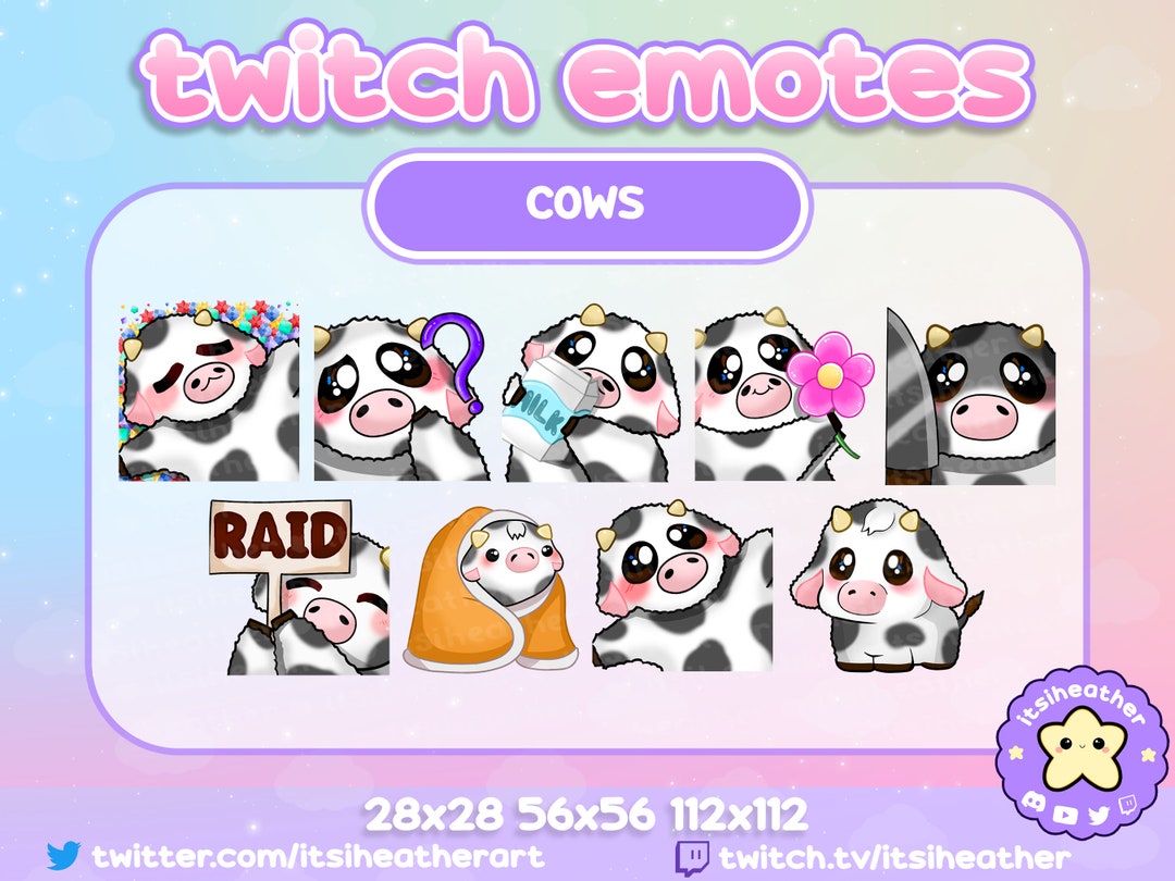 Cute Cow Emotes - Bits, Confused, Sip, Flower, Knife, Raid, Blankies ...