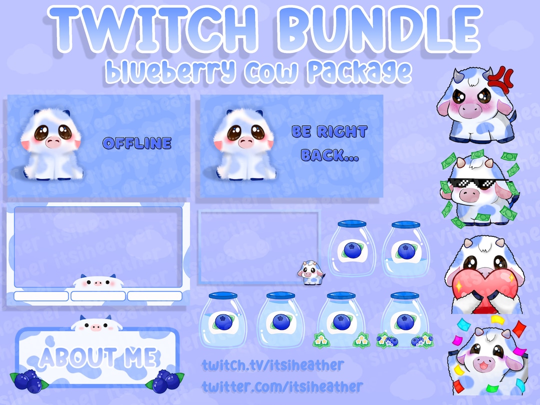 Cute Blueberry Cow Twitch Overlays GIANT Bundle - 4 Scenes, 1 Overlay ...