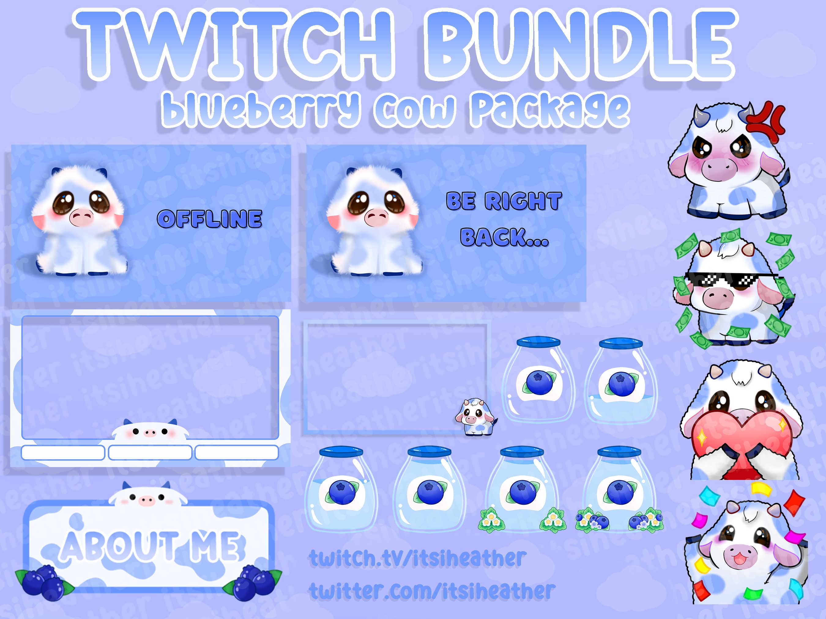 Cute Blueberry Cow Twitch Overlays GIANT Bundle 4 Scenes 1 - Etsy