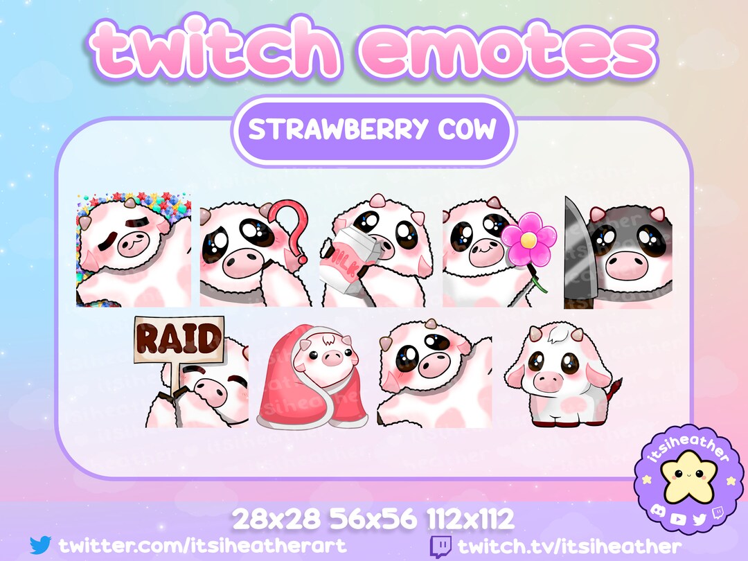 Cute Strawberry Cow Emotes - Bits, Confused, Sip, Flower, Knife, Raid ...