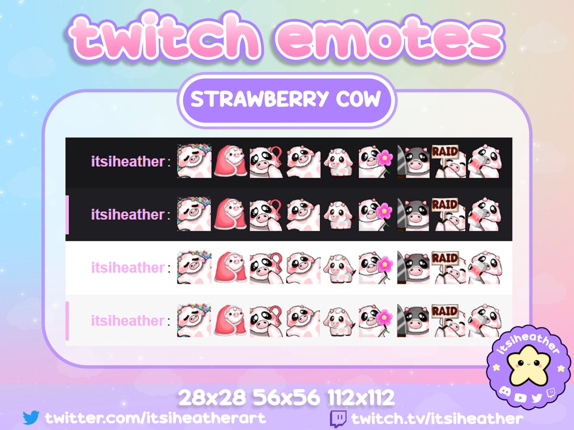 Cute Strawberry Cow Emotes - Bits, Confused, Sip, Flower, Knife, Raid ...