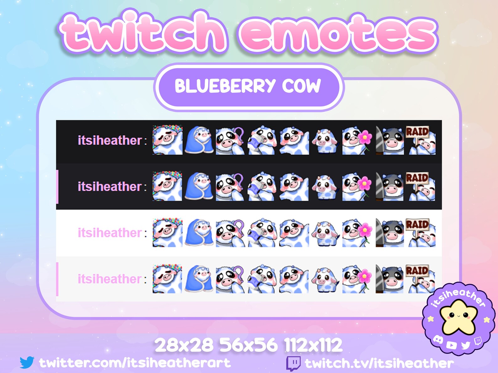 Cute Blueberry Cow Emotes - Bits, Confused, Sip, Flower, Knife, Raid ...