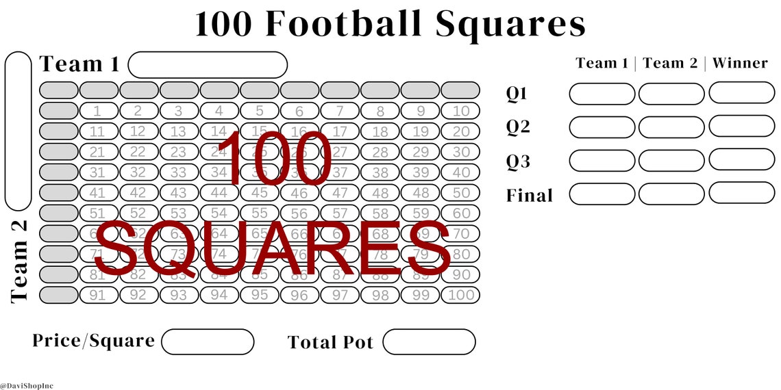Football Squares, 100 Squares, Super Bowl Squares, Football Pool ...