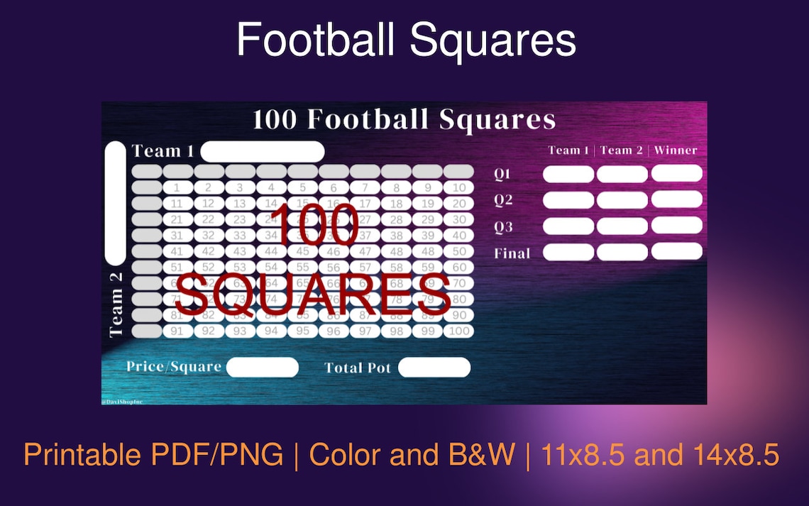 Football Squares, 100 Squares, Super Bowl Squares, Football Pool ...
