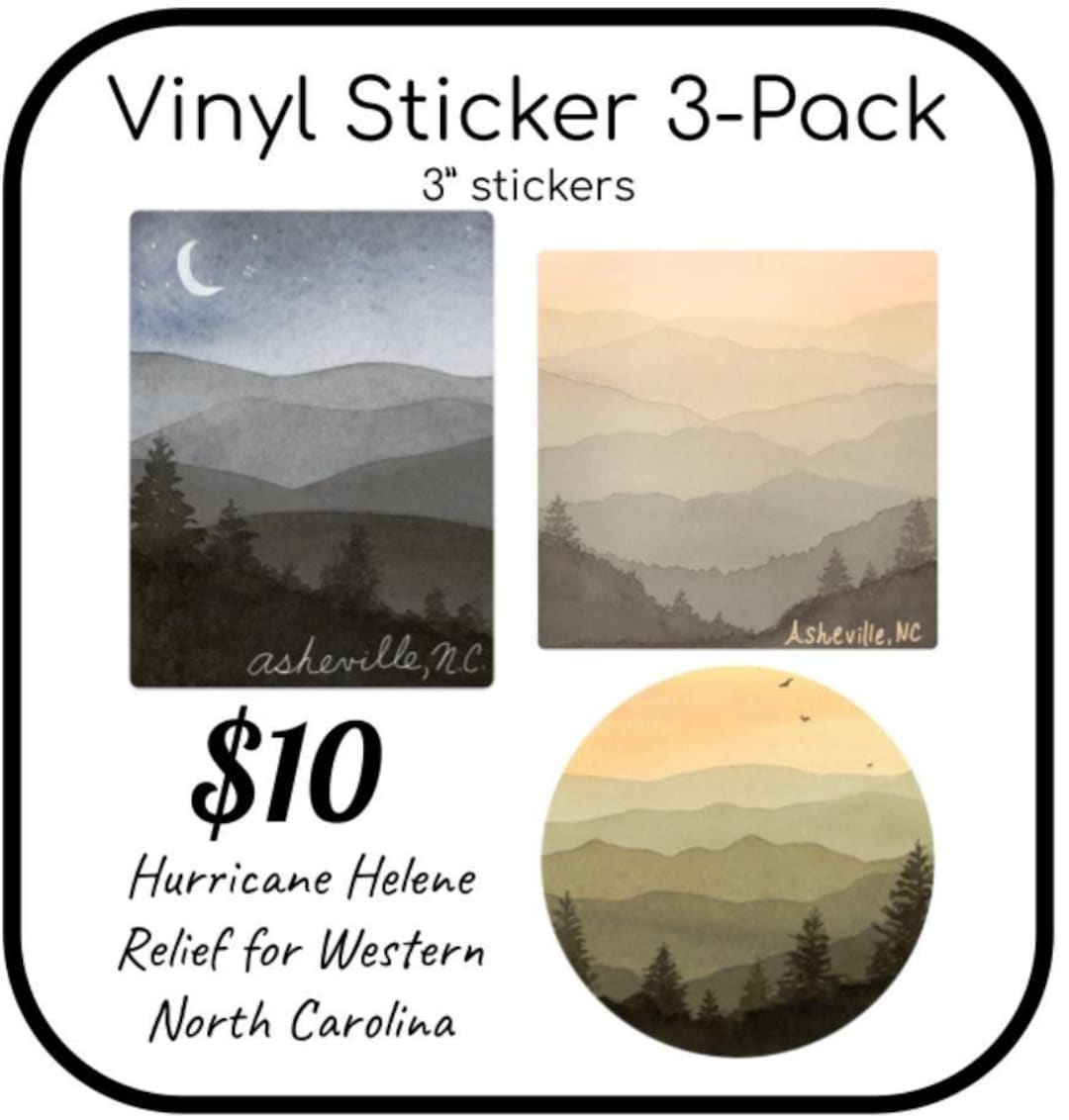 Asheville Mountain Art Sticker 3 Pack- Mountain Watercolor 3" Blue ...