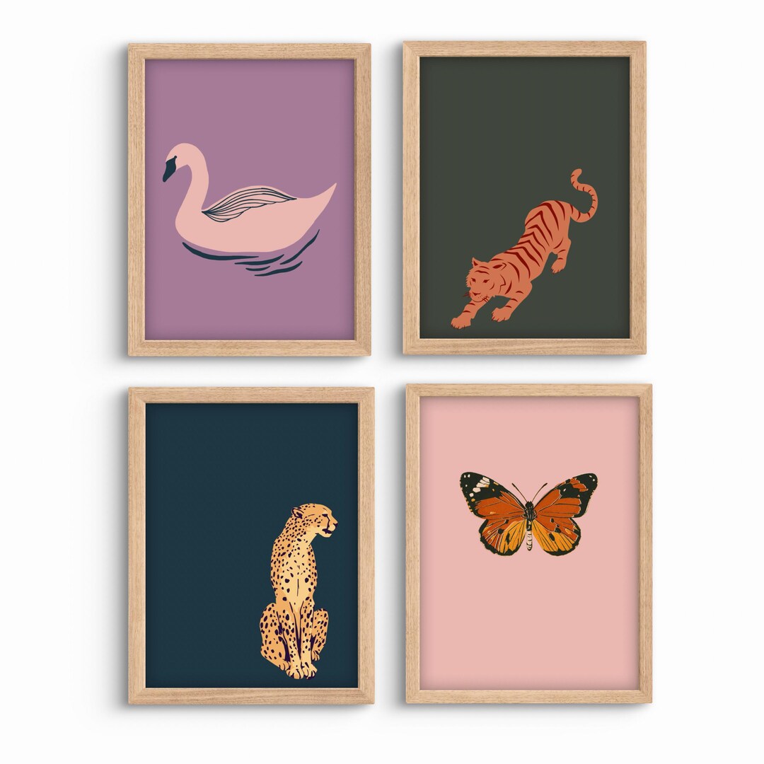 Vintage Animal Prints Set: Swan, Cheetah, Tiger, Butterfly (digital ...