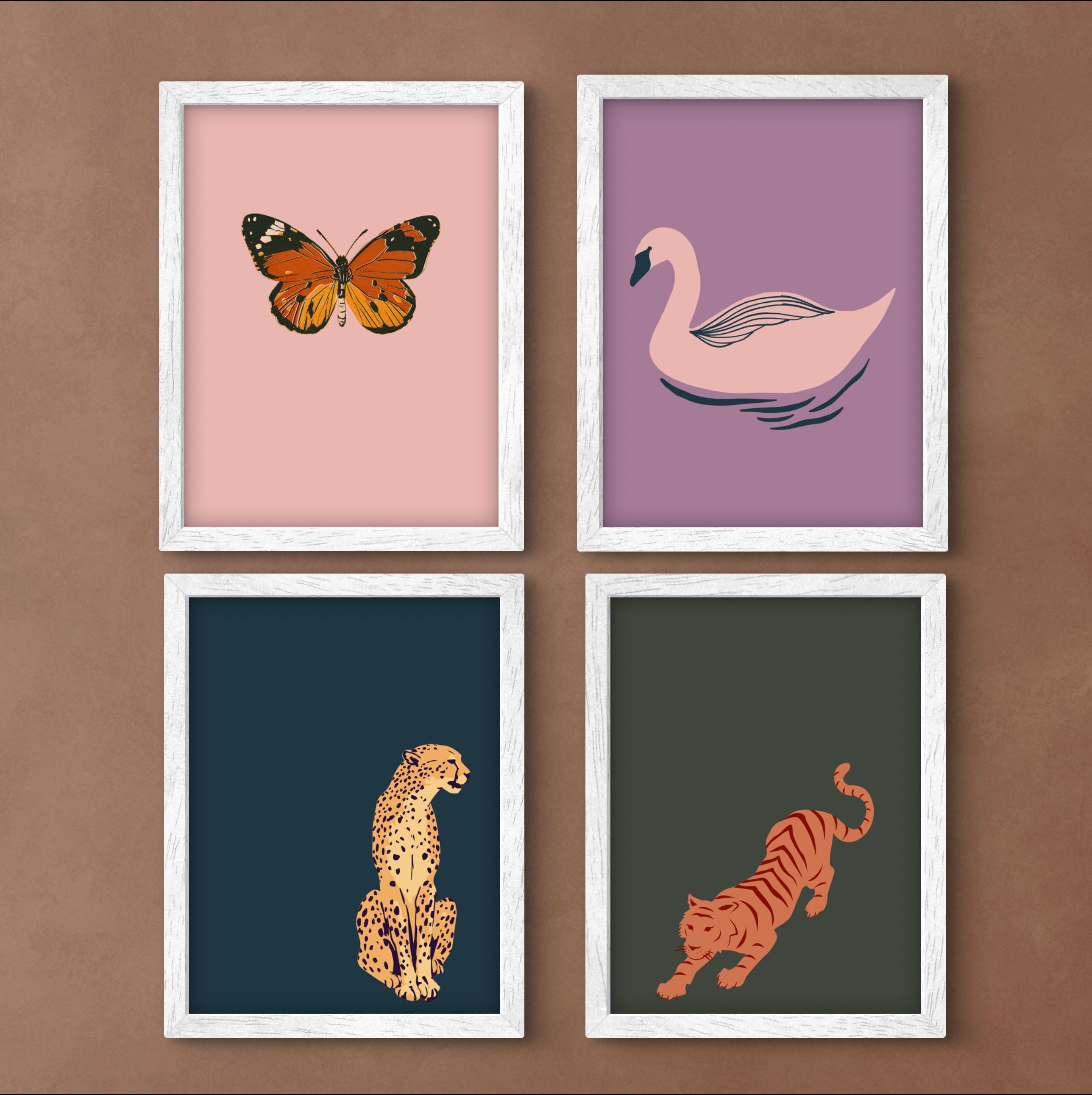 Vintage Animal Prints Set: Swan, Cheetah, Tiger, Butterfly (digital ...