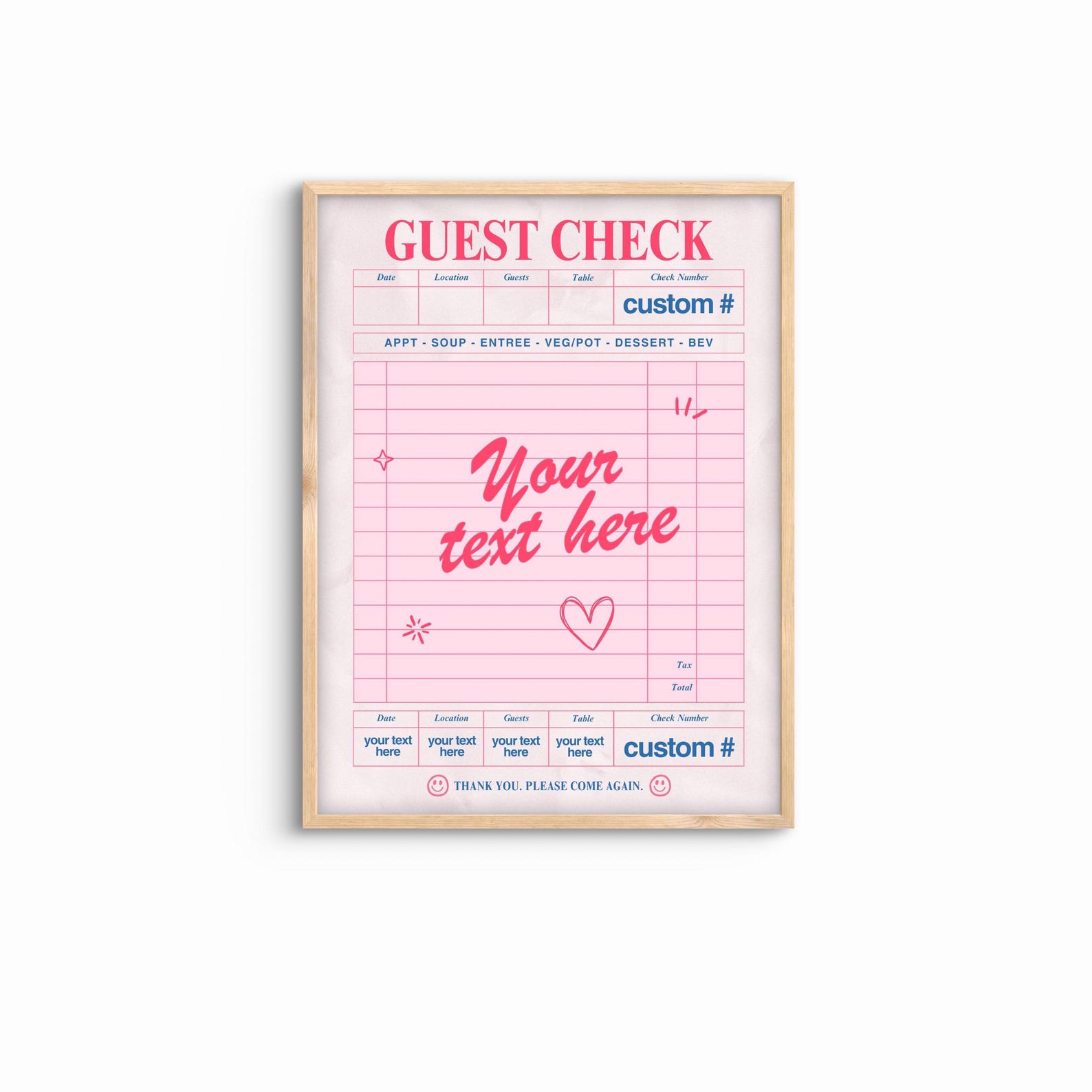 Custom Retro Guest Check Print: Pink Romantic Message (digital Download ...