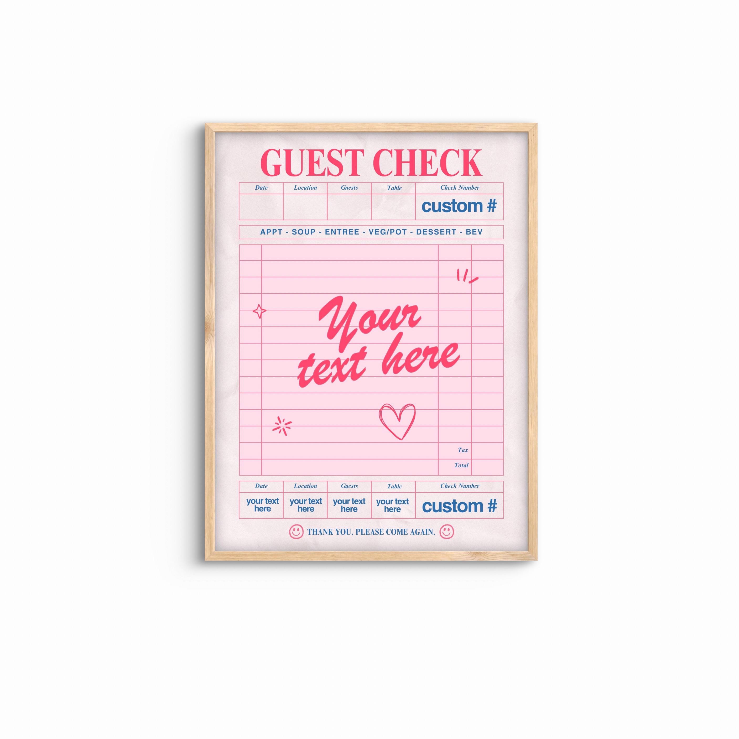 Custom Retro Guest Check Print: Pink Romantic Message (digital Download ...