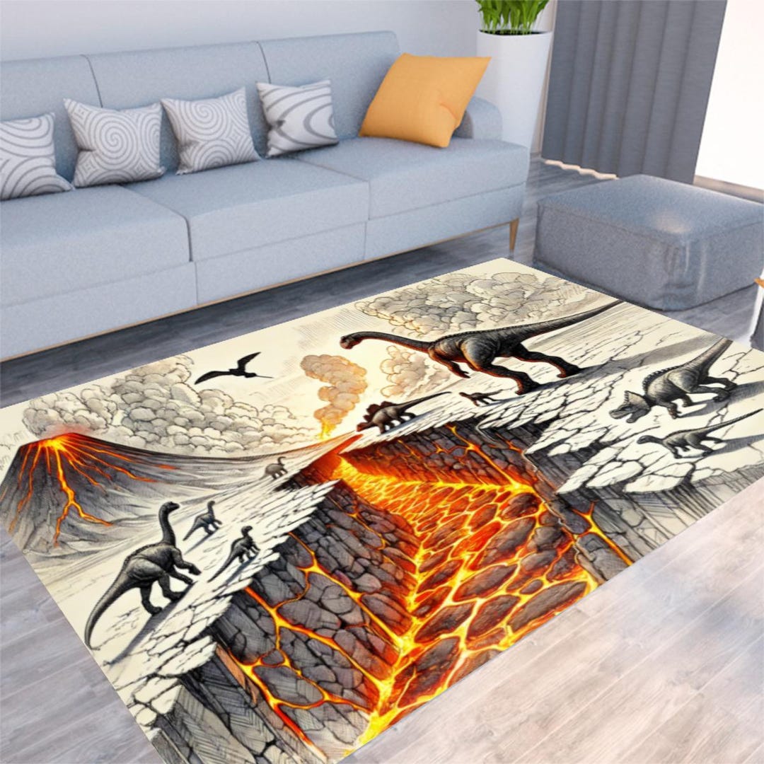 Dinosaur Escape Rug, Prehistoric Volcano Eruption Area Mat, Dramatic ...