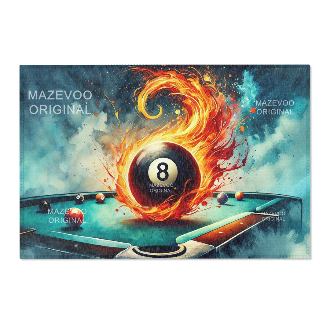 8 Ball Fire Pool Table Rug - Dynamic Watercolor Room Decor Mat, Bold ...