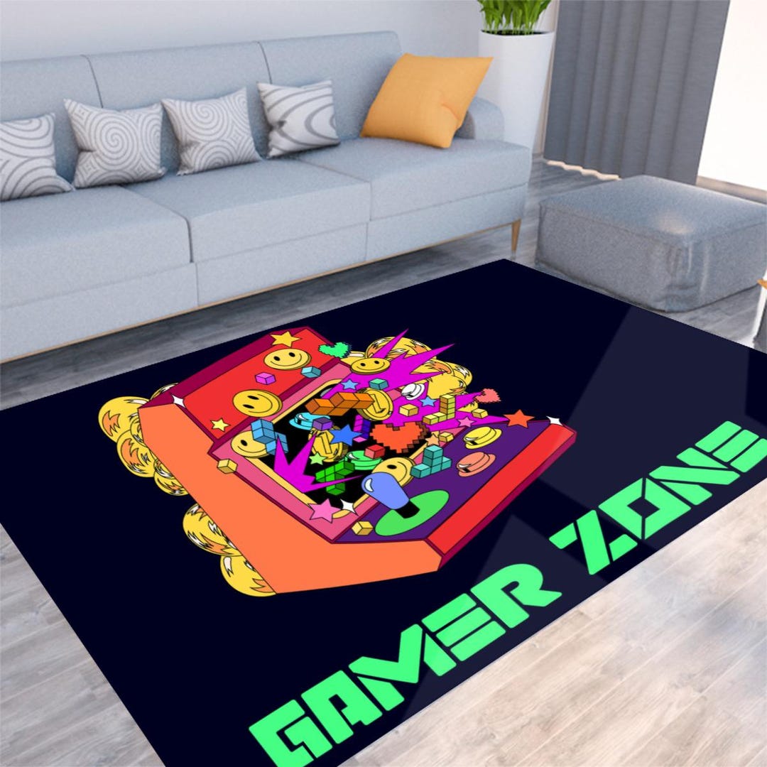 Gamer Zone Area Rug, Retro Gaming Decor Mat With Neon Green Text and ...
