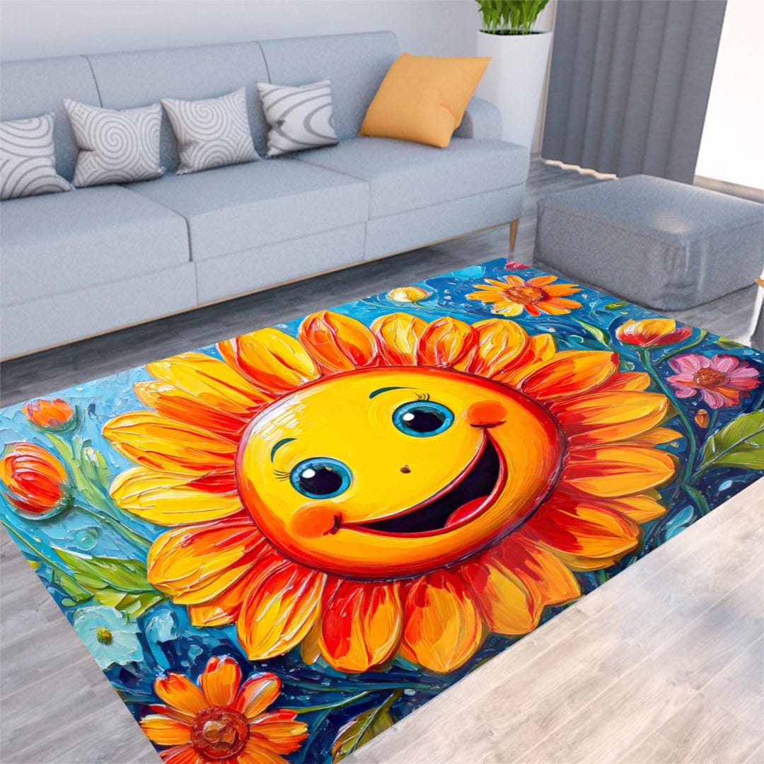 Colorful Sunflower Area Rug - Cheerful Yellow Floral Room Decor Mat ...