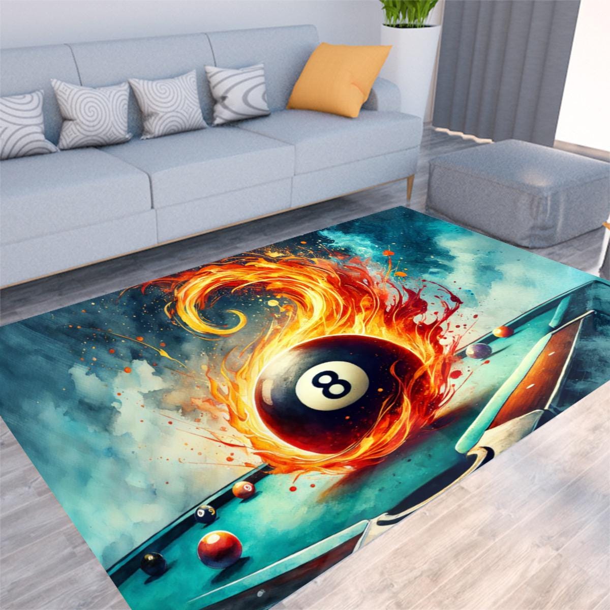 8 Ball Fire Pool Table Rug - Dynamic Watercolor Room Decor Mat, Bold ...