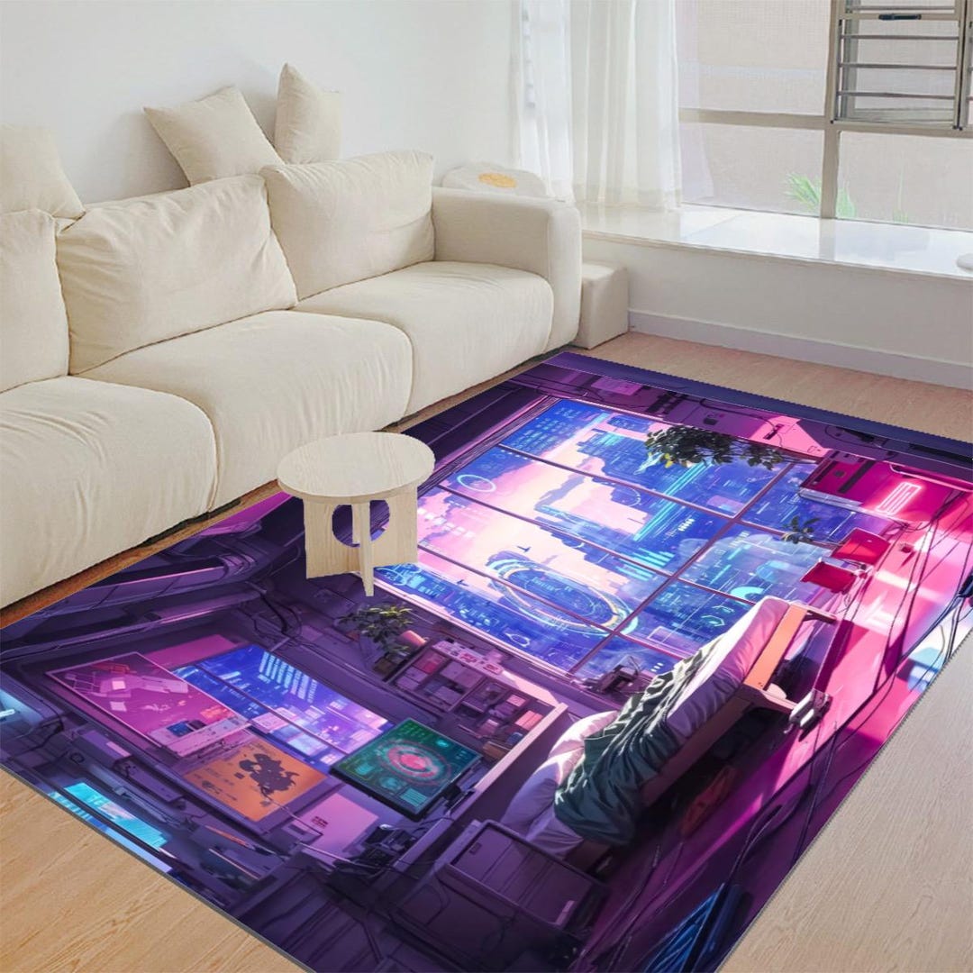 Cyberpunk Anime City Rug - Futuristic Room Decor, Neon Sci-fi Area Mat ...