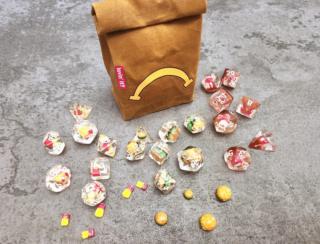 Unhappy Meal Canvas Bag Hamburger Fries Burger Dice Set | D&D Dice ...