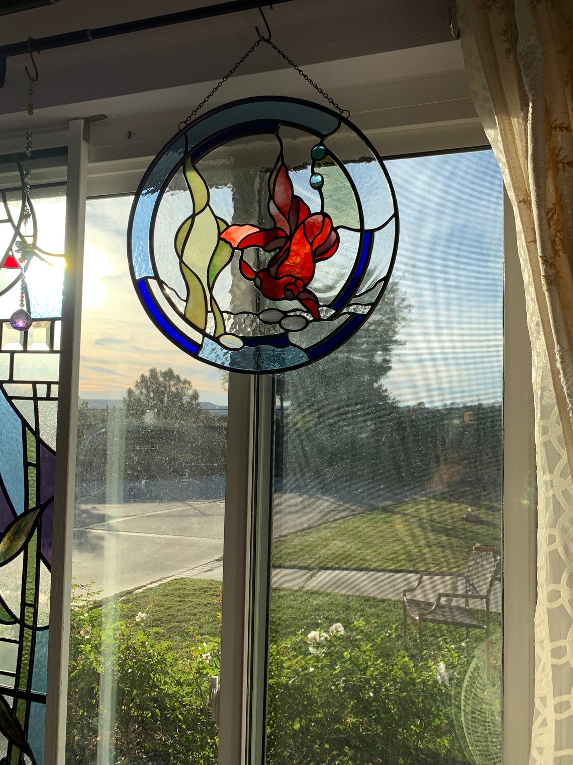Stained Glass Suncather Goldfish telescope Eye Window Panel Home Decor ...