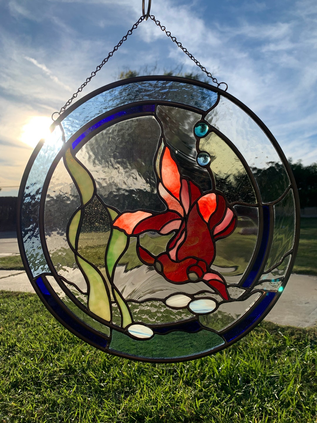 Stained Glass Suncather Goldfish telescope Eye Window Panel Home Decor ...