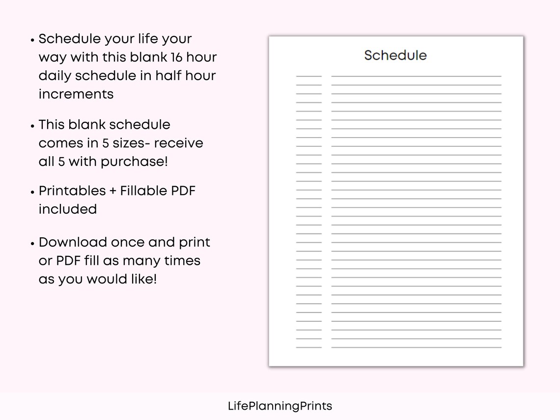 Blank 16 Hour Schedule Printable Fillable PDF Instant | Etsy