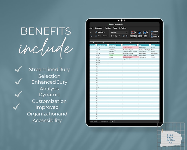Voir Dire Excel Spreadsheet: Jury Selection Legal Template (digital ...