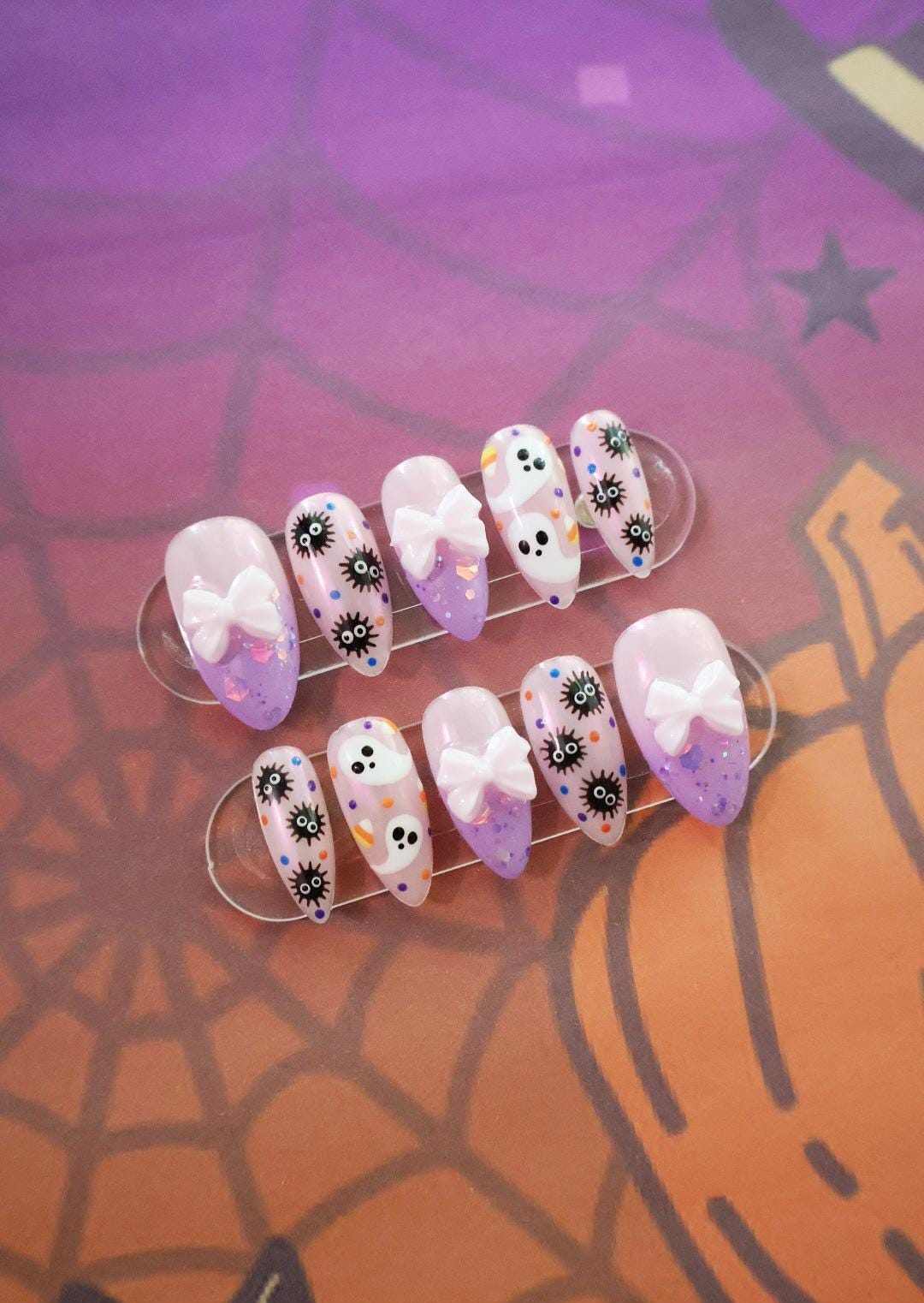 Cute Halloween Purple Soot Sprites Ghost Nails Reusable Luxury Press on ...