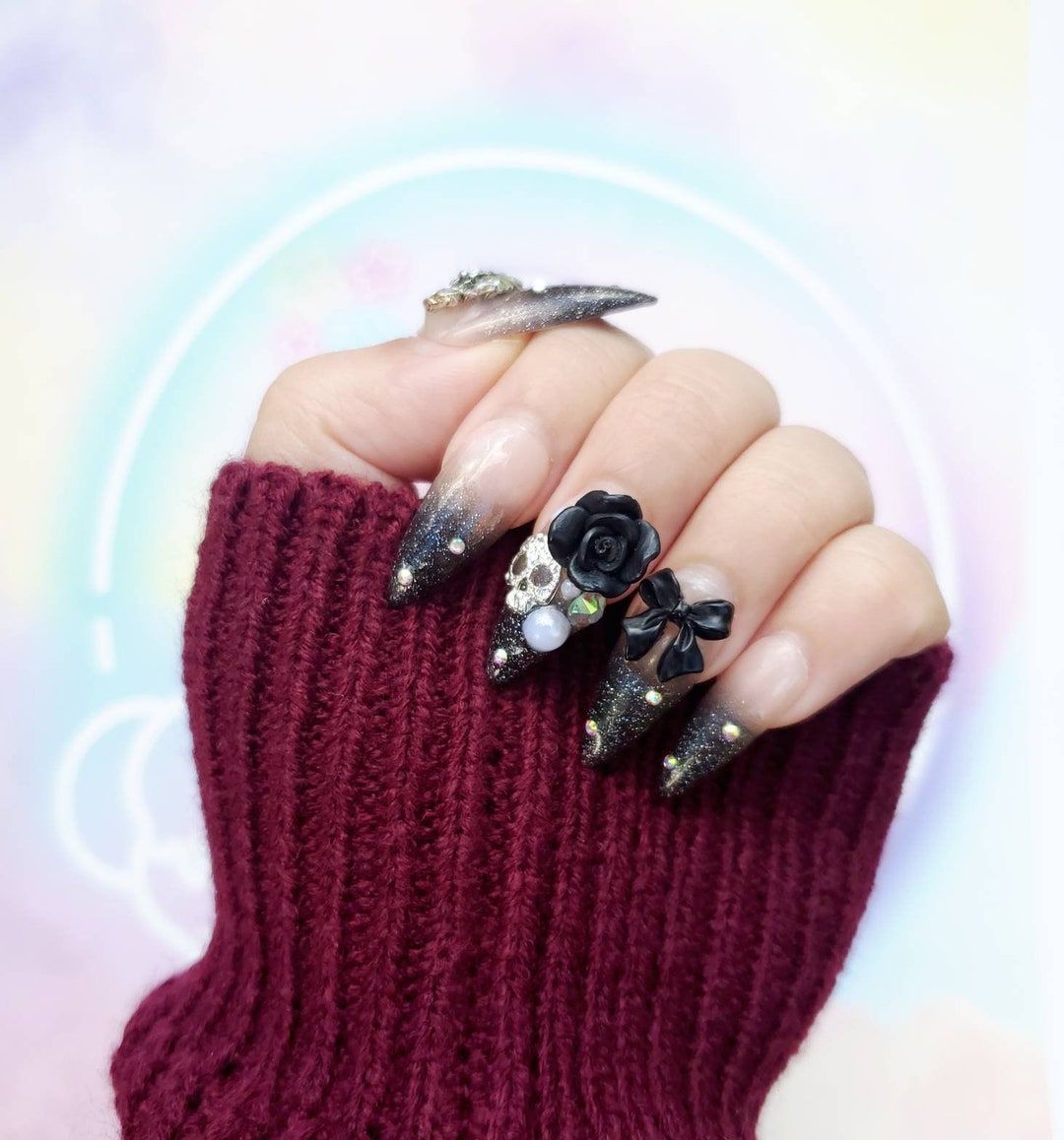 Black Glitter Goth French Tip Nails Reusable Luxury Press on Nails - Etsy