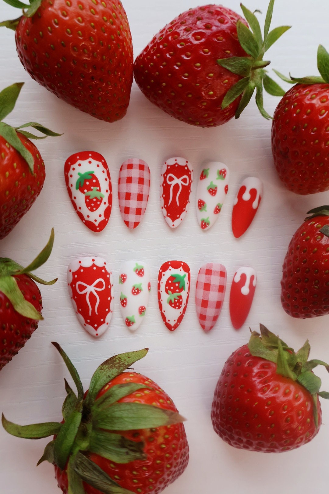Red Strawberries and Cream Picnic Nails | Reusable Luxury Press on ...