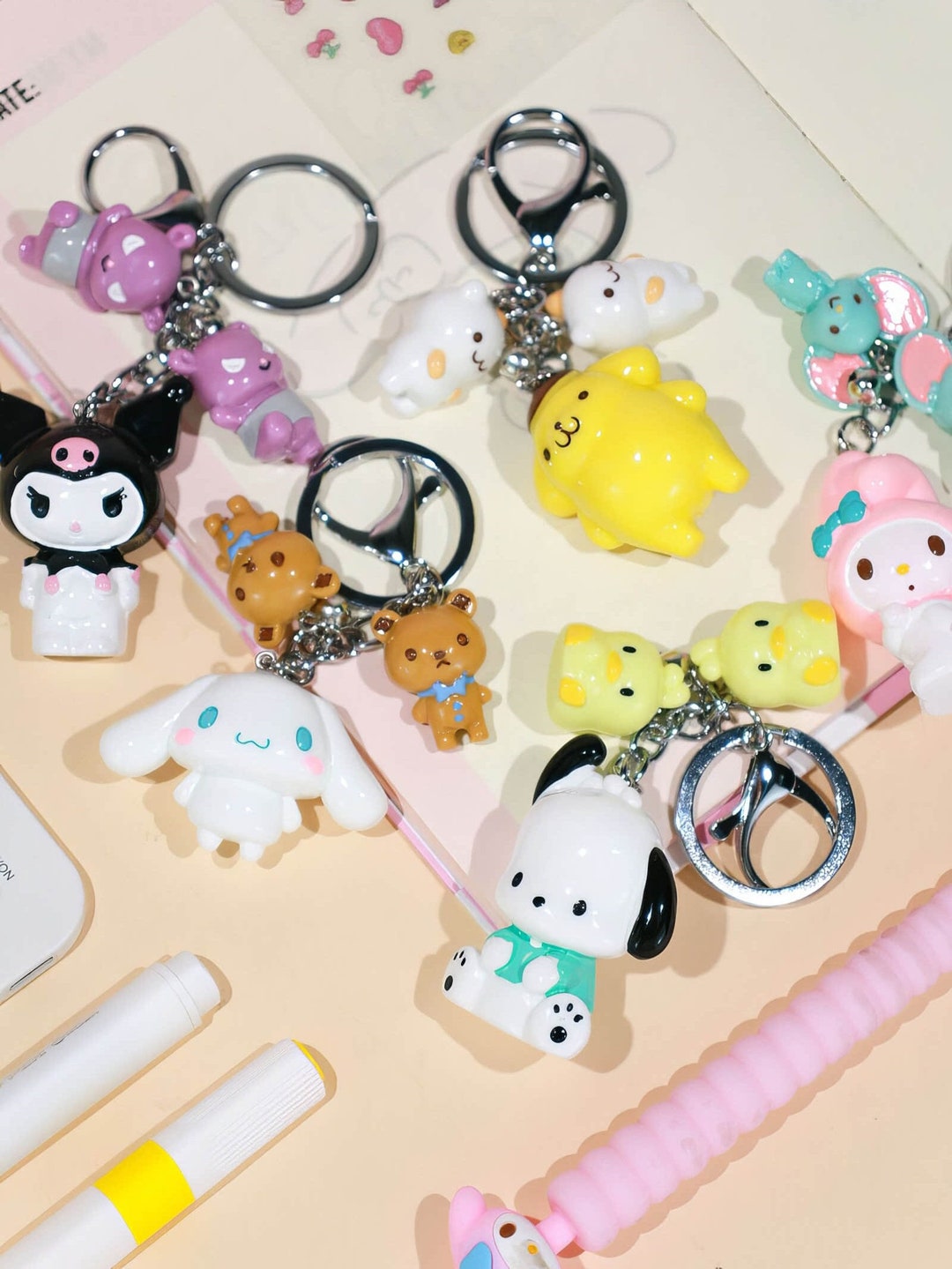 Cute Cartoon Key Chain With Mini Bell and Animals Charms, Kawaii Key ...