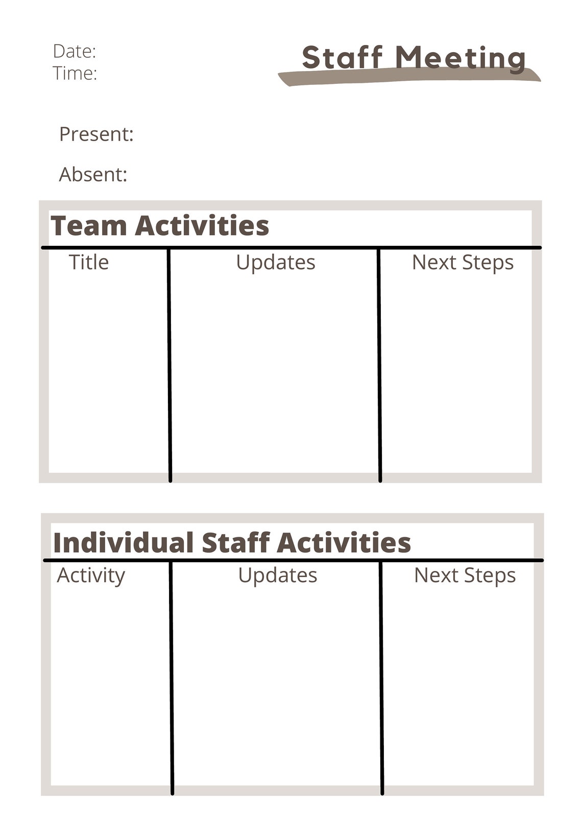 Printable Staff Meeting Notes, Team and Individual Activities - Etsy