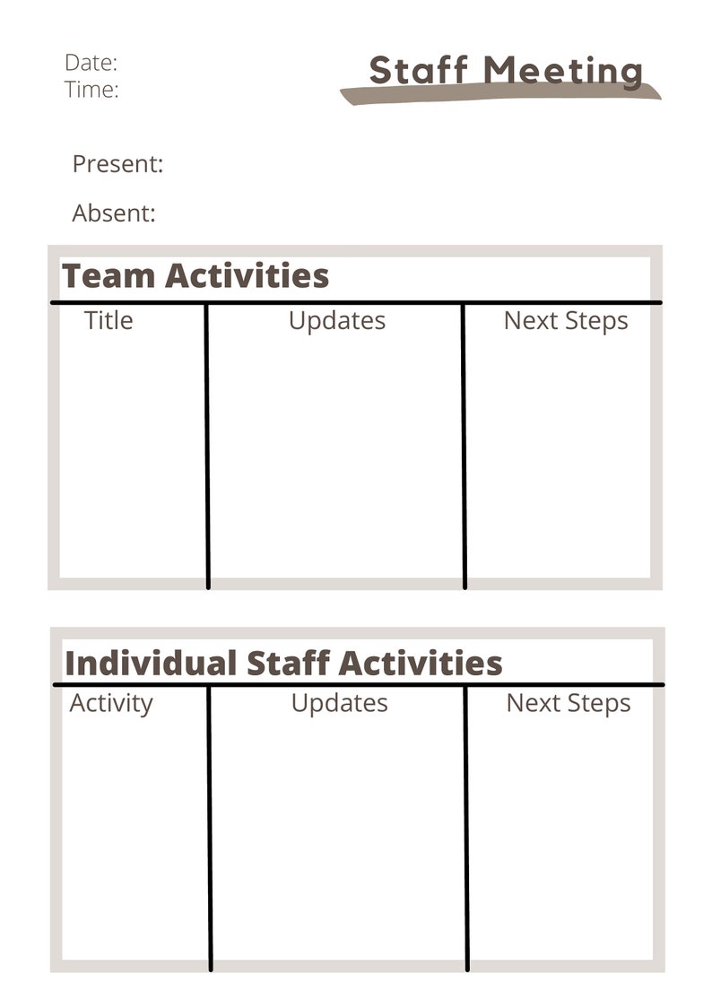 Printable Staff Meeting Notes, Team and Individual Activities - Etsy