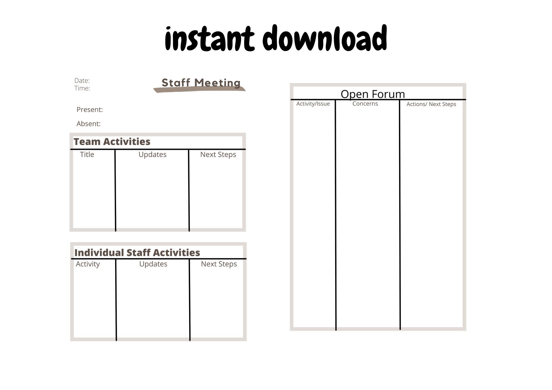 Printable Staff Meeting Notes, Team and Individual Activities - Etsy