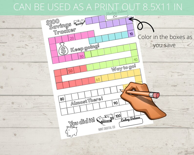 Kids Savings Tracker, One Hundred Dollars, Coloring Page, Instant Pdf ...