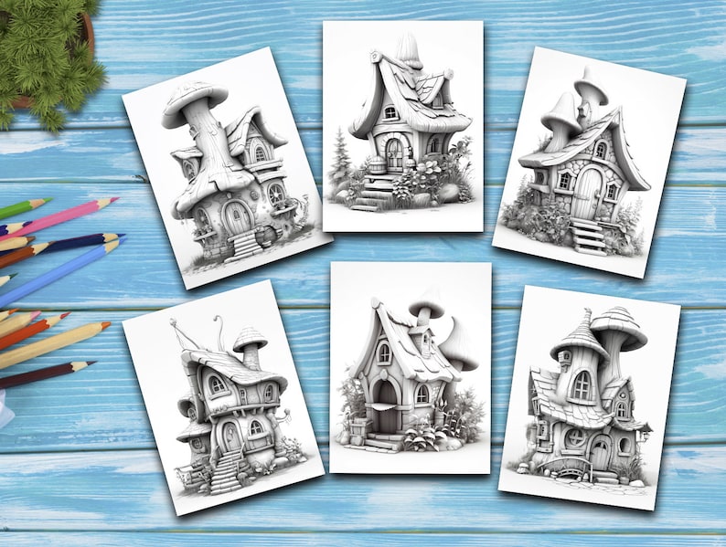 25 Pages Gnome Houses for Adults and Kids Vol 1 - Grayscale Coloring ...