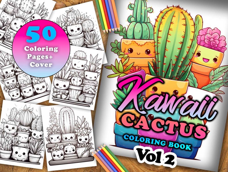 Kawaii Cactus Vol 2 Coloring Pages | 50 Pages | Cute Coloring Pages ...