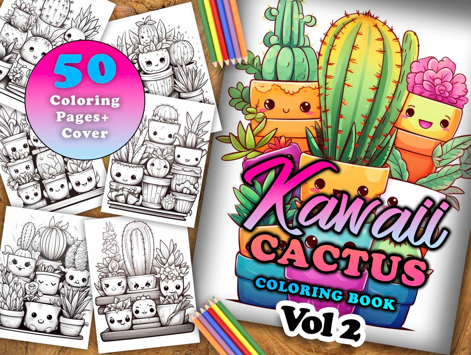 Kawaii Cactus Vol 2 Coloring Pages | 50 Pages | Cute Coloring Pages ...