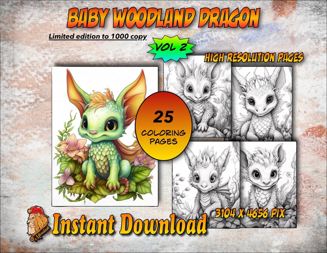 Baby Woodland Dragon Vol 2 - Digital Coloring Book, Adult Kids Cute ...