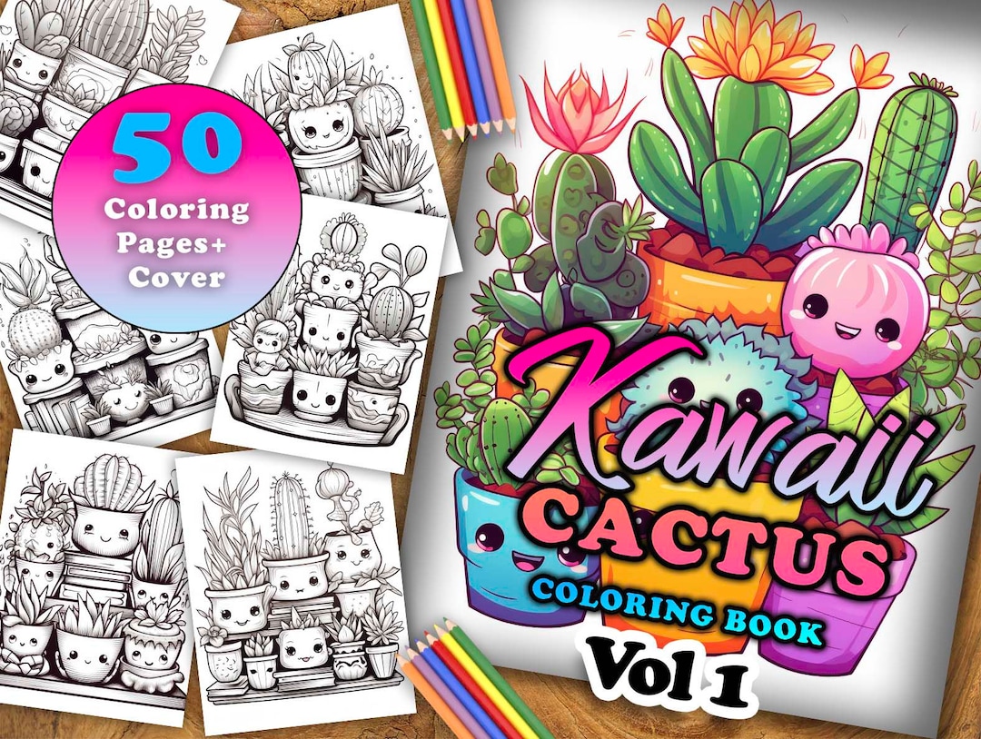 Kawaii Cactus Vol 1 Coloring Pages | 50 Pages | Cute Coloring Pages ...