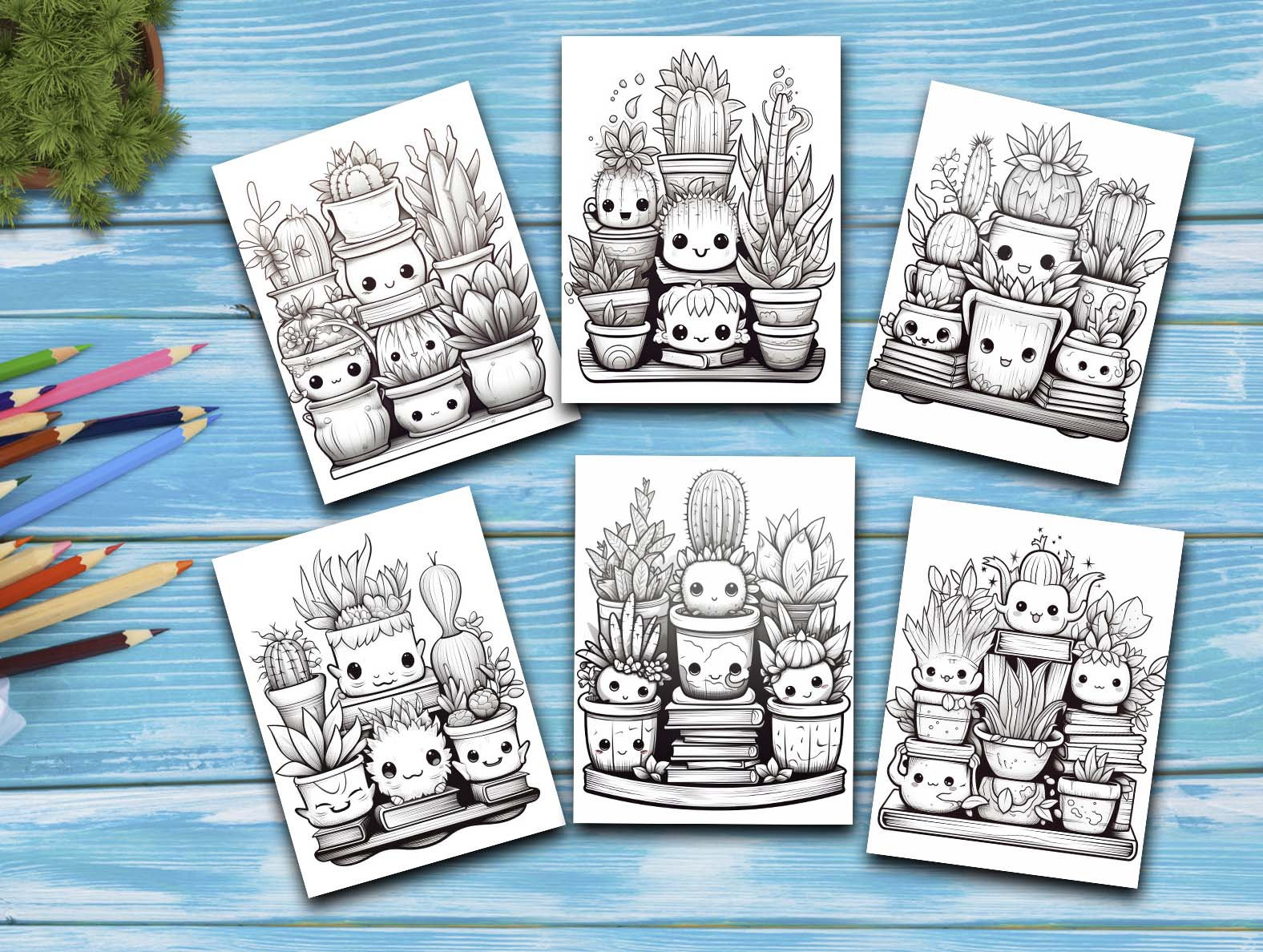 Kawaii Cactus Vol 2 Coloring Pages | 50 Pages | Cute Coloring Pages ...