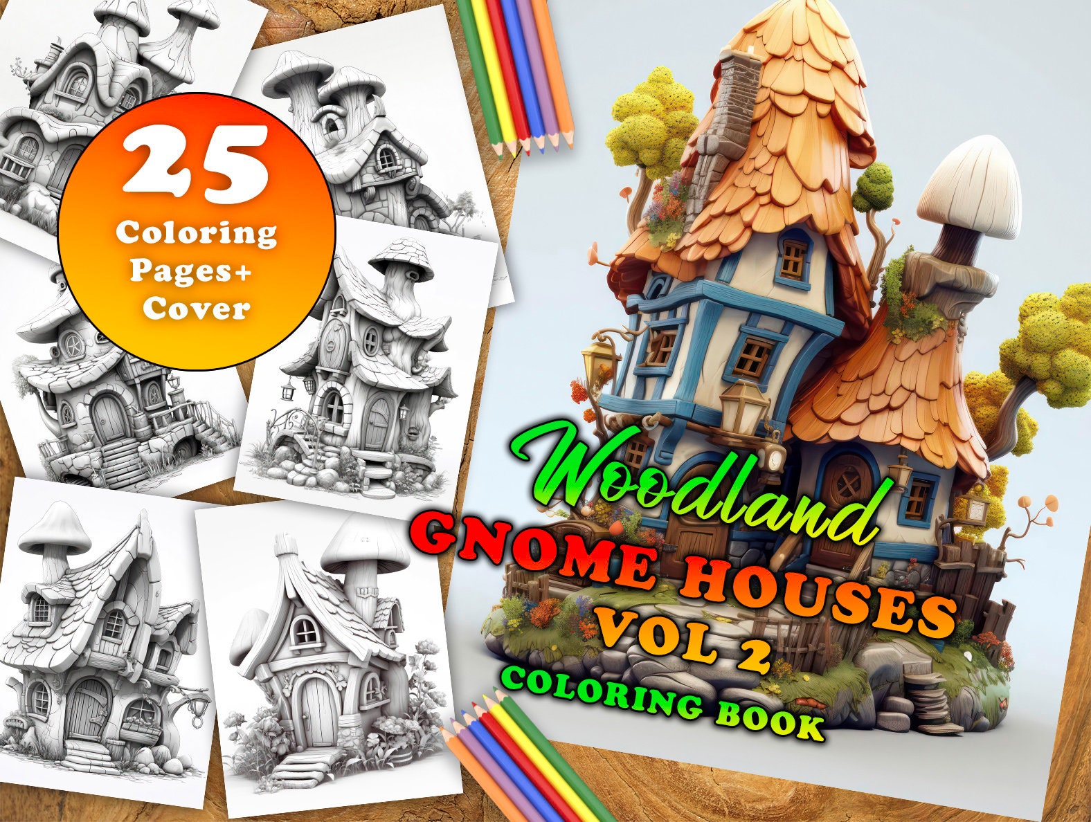 25 Pages Gnome Houses for Adults and Kids Vol 2 Grayscale Coloring Book ...