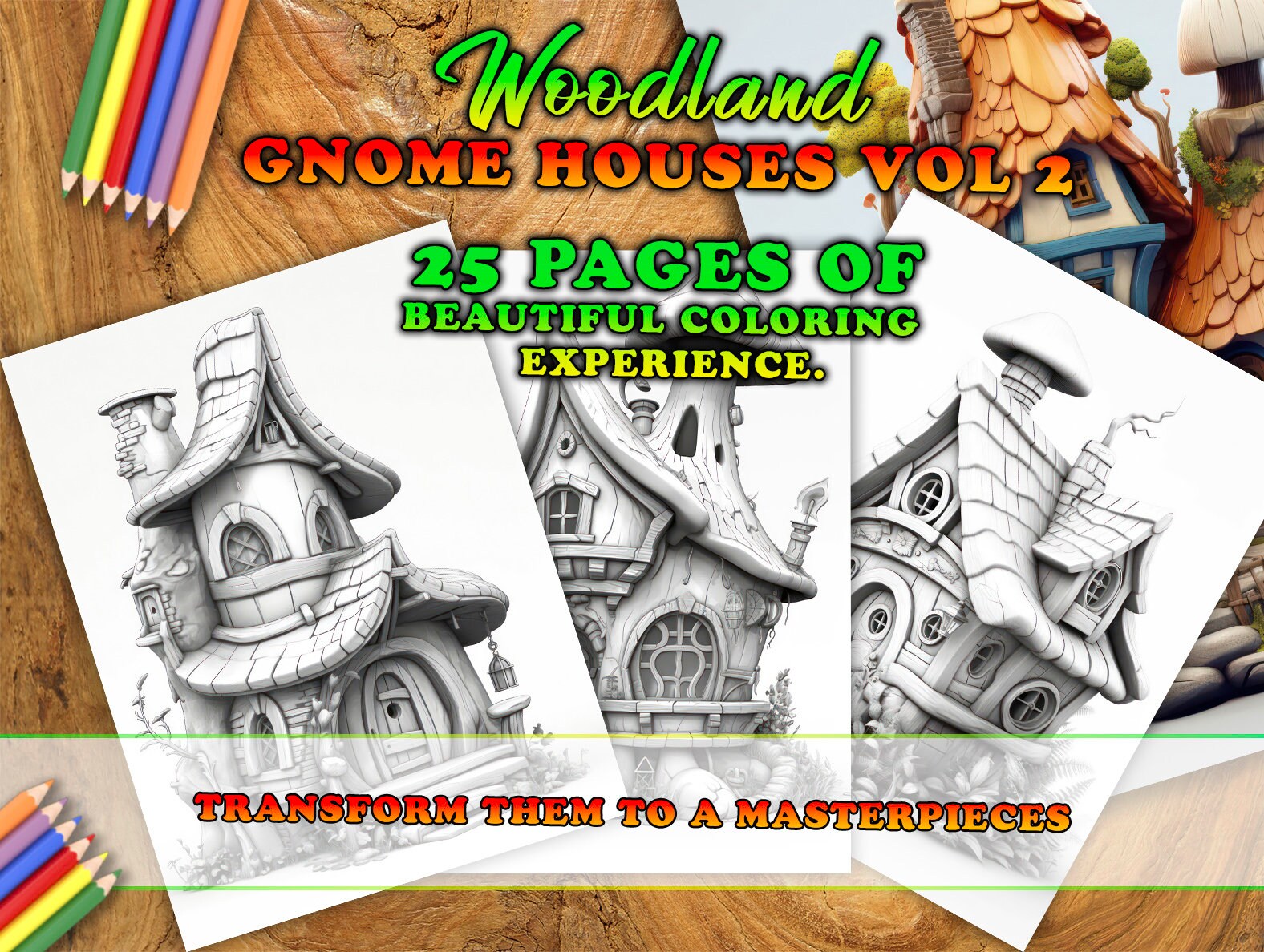 25 Pages Gnome Houses for Adults and Kids Vol 2 Grayscale Coloring Book ...