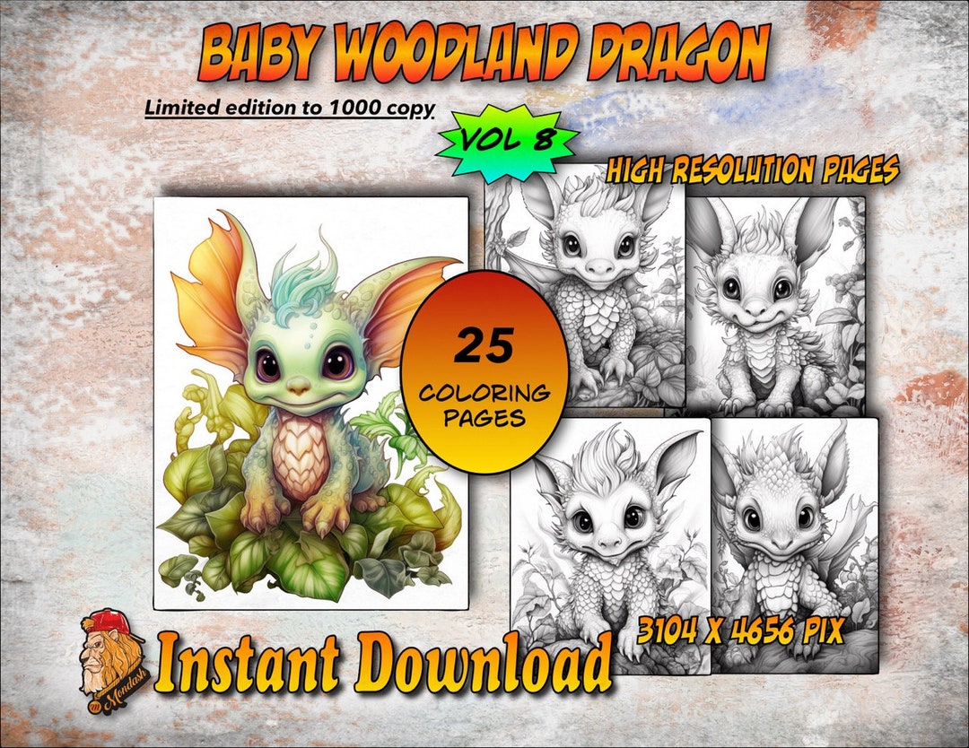 Baby Woodland Dragon Vol 8 - Digital Coloring Book, Adult Kids Cute ...