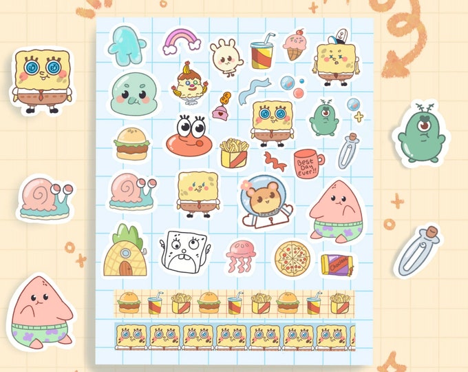Kawaii Sponge and Friends Sticker Sheet Bullet Journal, Washi Tape ...
