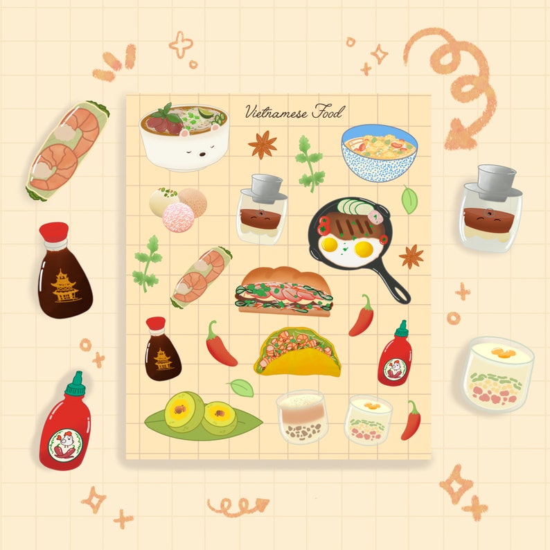 Cute Vietnamese Food Sticker Sheet - Foodie Banh Mi, Pho Sticker, Bujo ...
